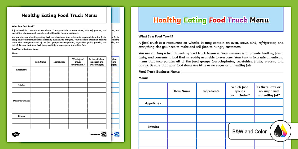 Healthy Eating Food Truck Menu Worksheet for 3rd-5th Grade