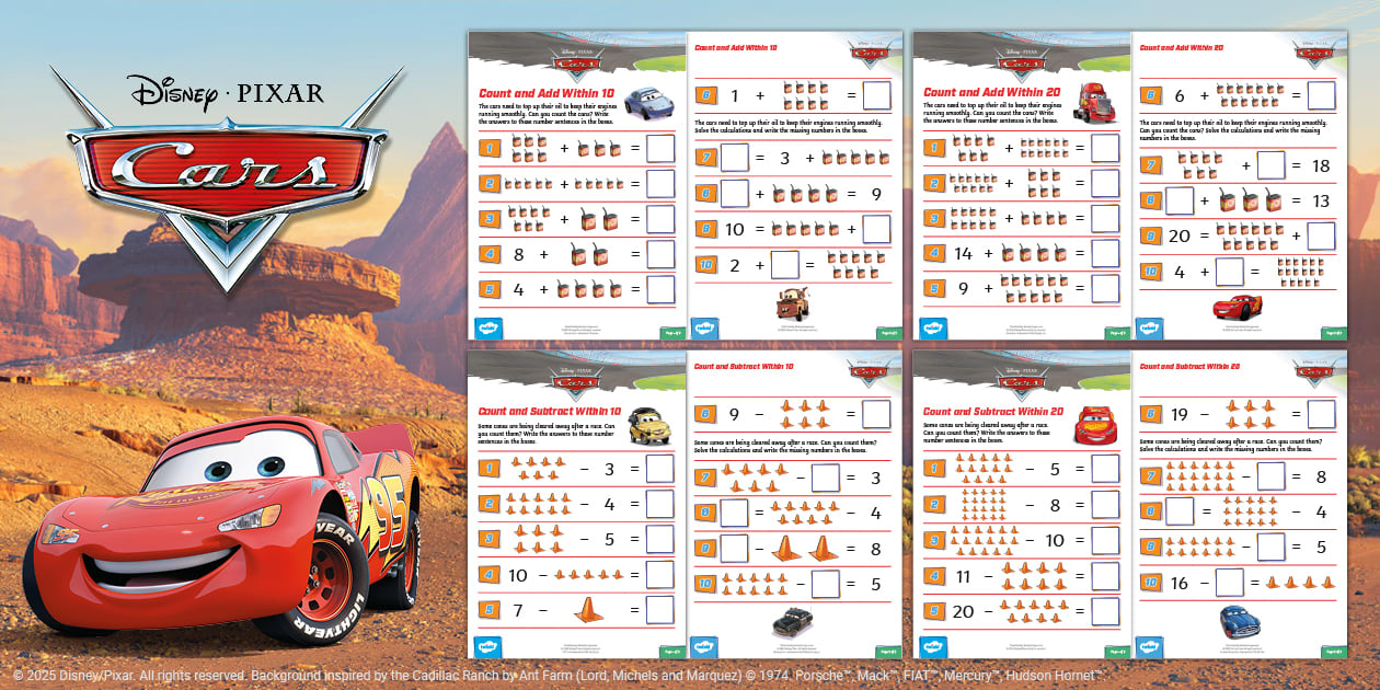 👉 Disney Cars Activity: Count and Add/Subtract Maths Sheets