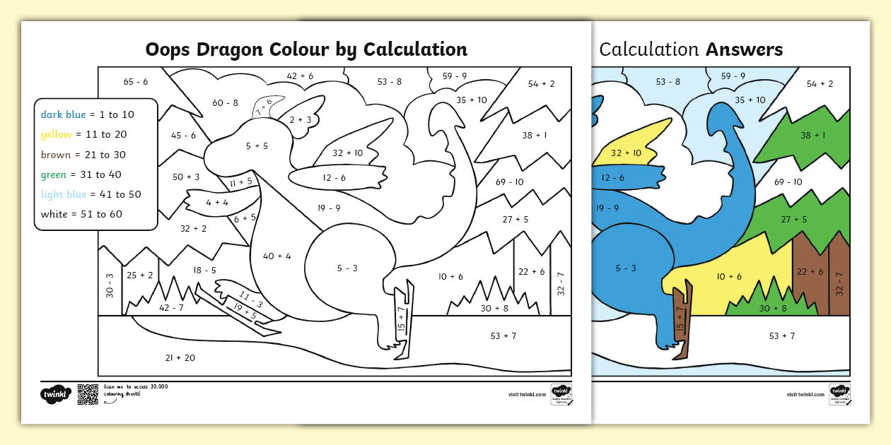 👉 KS1 Oops Dragon Colour by Calculation Activity - Twinkl
