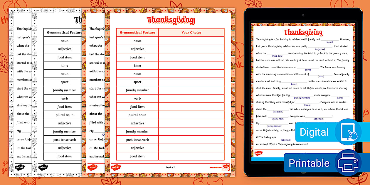 Thanksgiving Fill in the Blank Worksheets | Twinkl USA