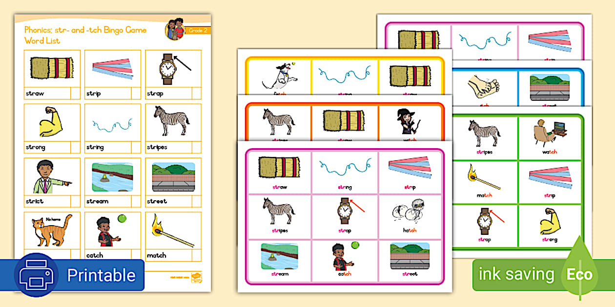 Grade 2 Phonics: str- and -tch Bingo Game