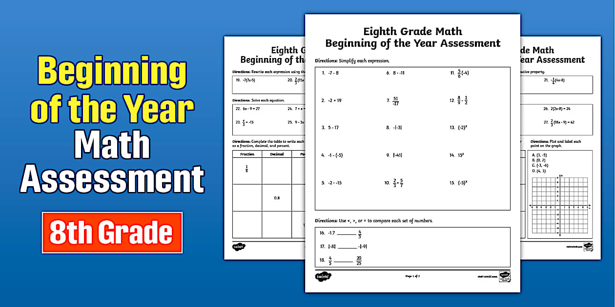 Eighth Grade Beginning of the Year Math Assessment - Twinkl