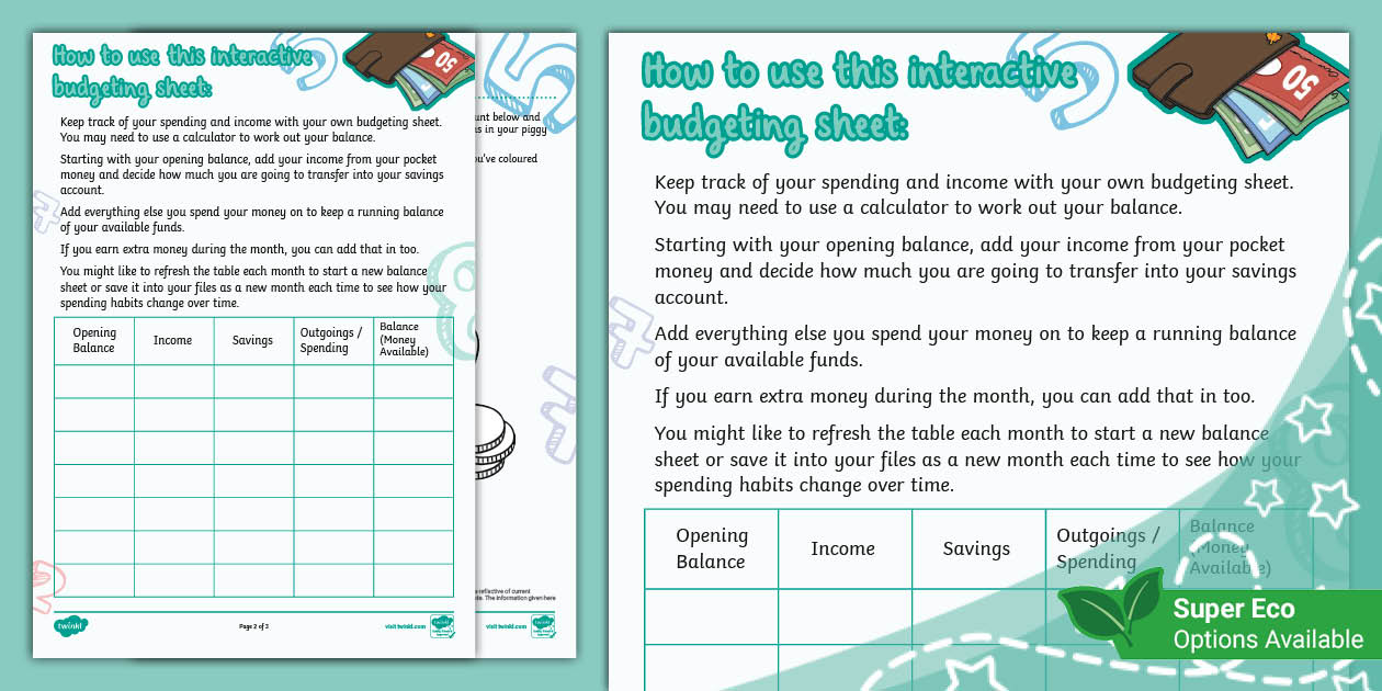 Interactive Budgeting Sheet for Children (teacher made)