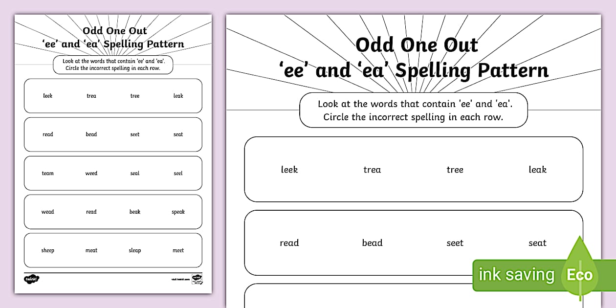 'ee' and 'ea' Spelling Pattern Odd One Out Worksheet
