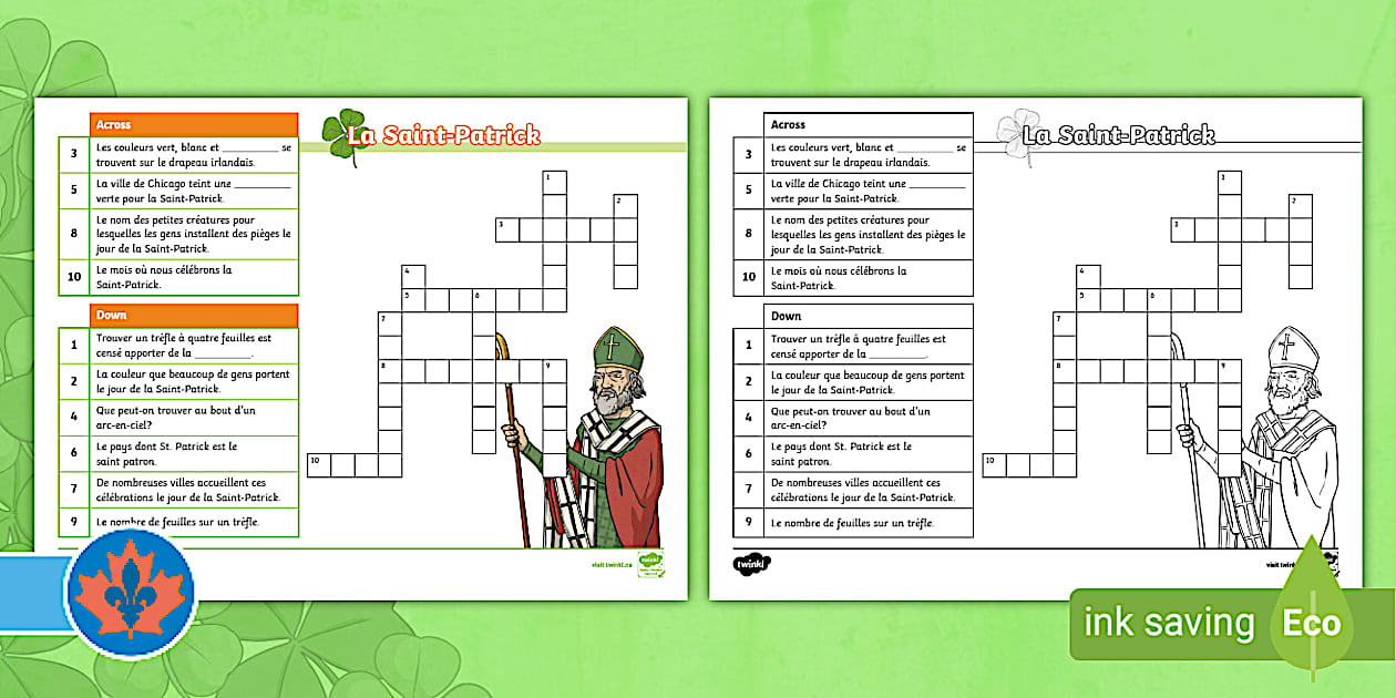 St. Patrick's Day Crossword Puzzle French
