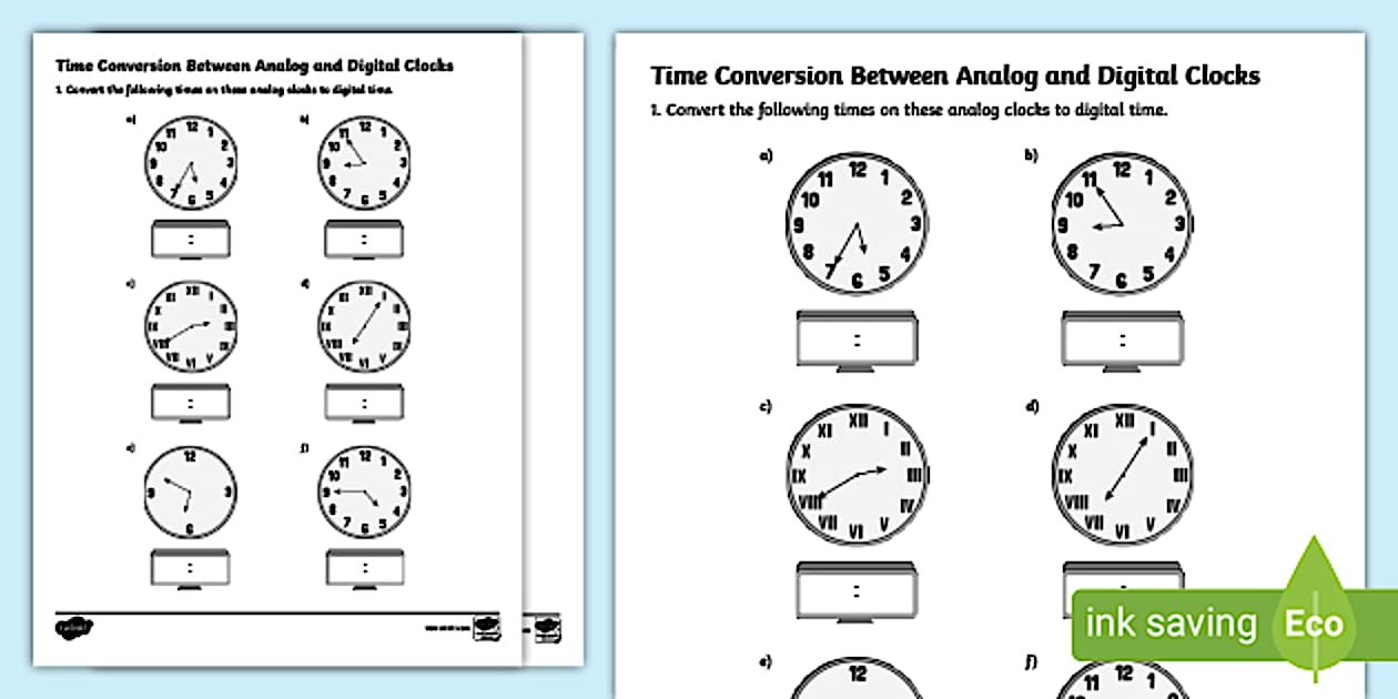 Time Conversion Between Analog and Digital Clocks Worksheet
