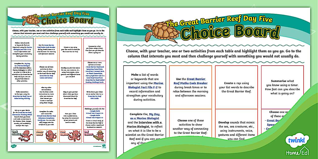 Great Barrier Reef Day 5: Choice Board (teacher made)