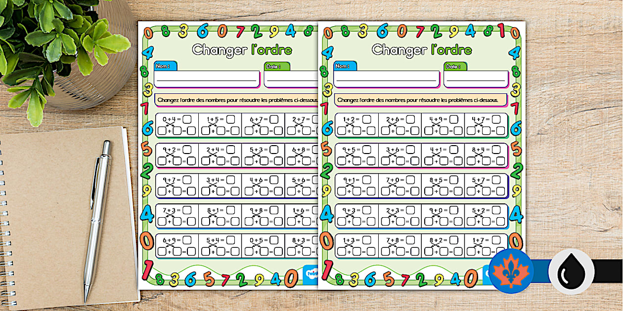 Commutative Addition Worksheet 1 French (teacher made)