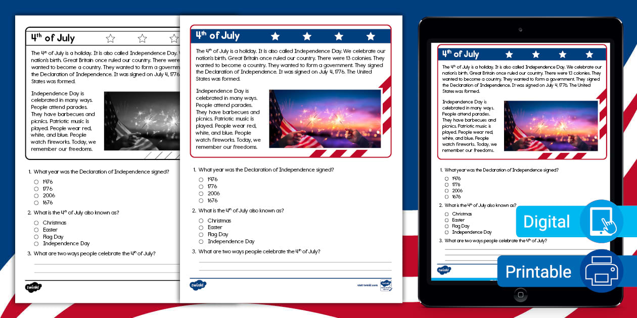 Kindergarten 4th of July Reading Passage Comprehension