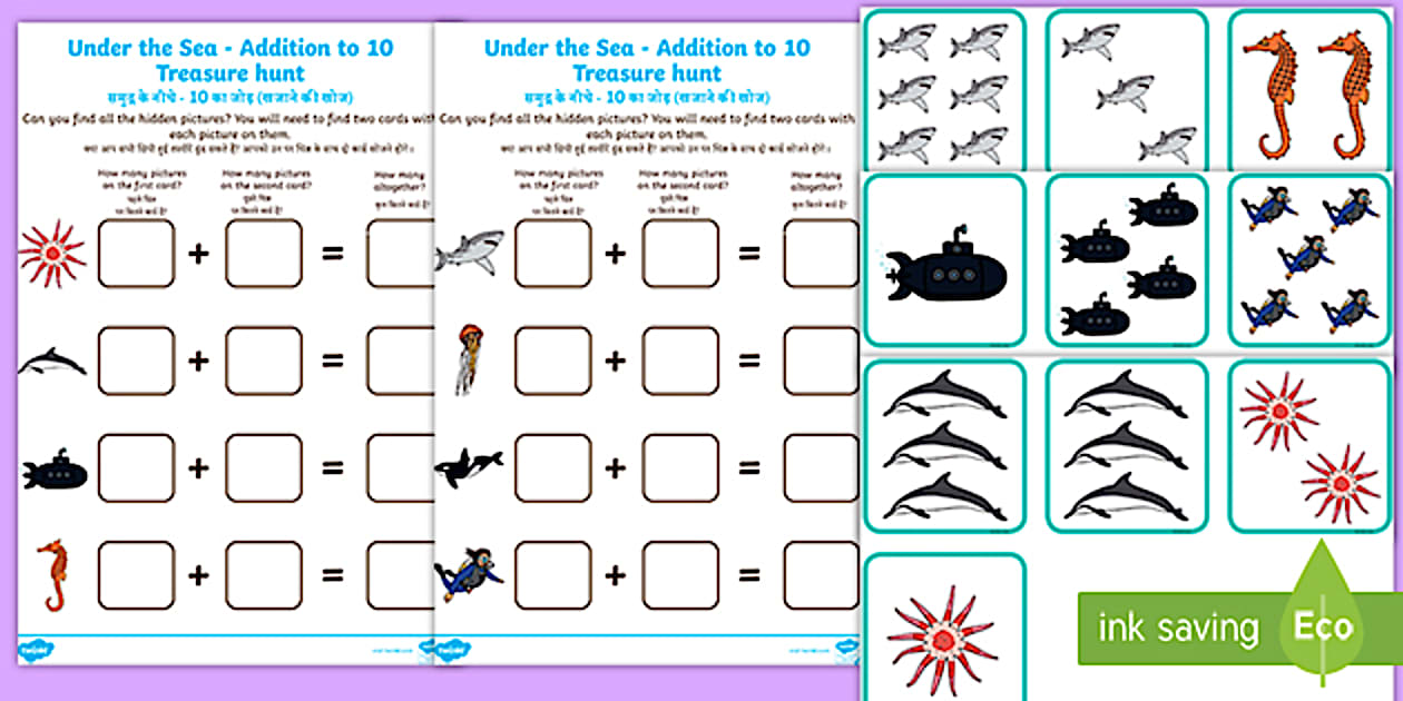 Under the sea - addition to 10 (English/Hindi) - Twinkl