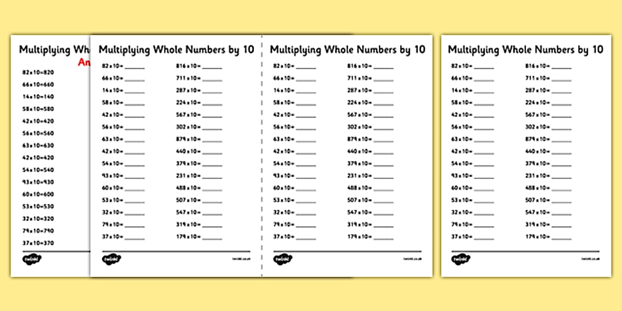 Multiplying Whole Numbers by 10 A5 Worksheet / Worksheet