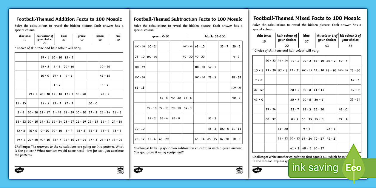 KS1 Football Themed Addition and Subtraction Facts up to 100 Maths Mosaic