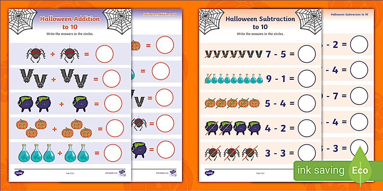 Halloween Picture Addition and Subtraction to 10 Activity