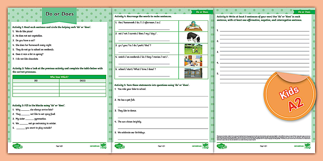 ESL Subject Verb Agreement: 'Do' or 'Does' Worksheet [Kids,A2]