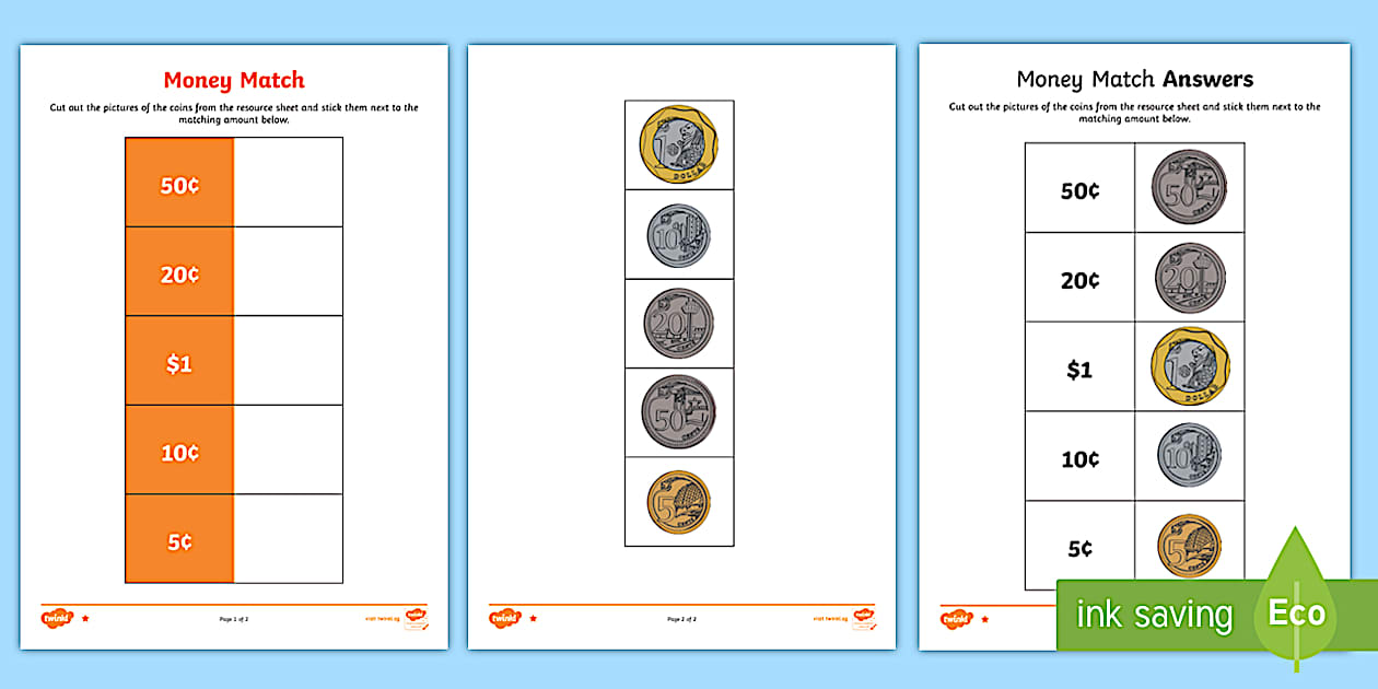 Black and White Money Match Differentiated Worksheet