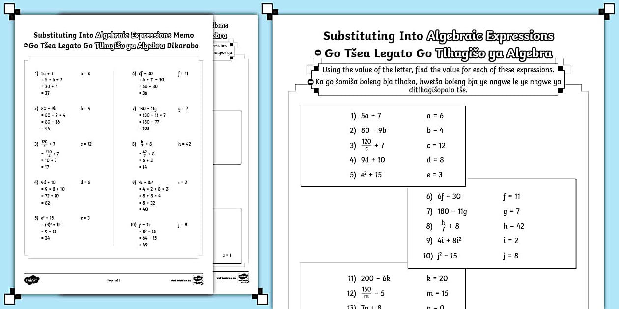 Substituting Into Algebraic Expressions- Act Sheet Sepedi