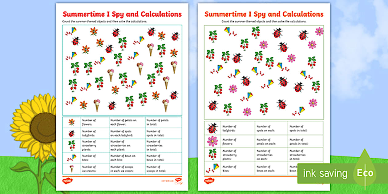 KS2 Summer-Themed Multiplication I Spy and Calculate Worksheets