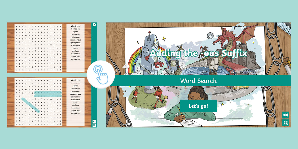 Adding the -ous Suffix Interactive Word Search - Twinkl