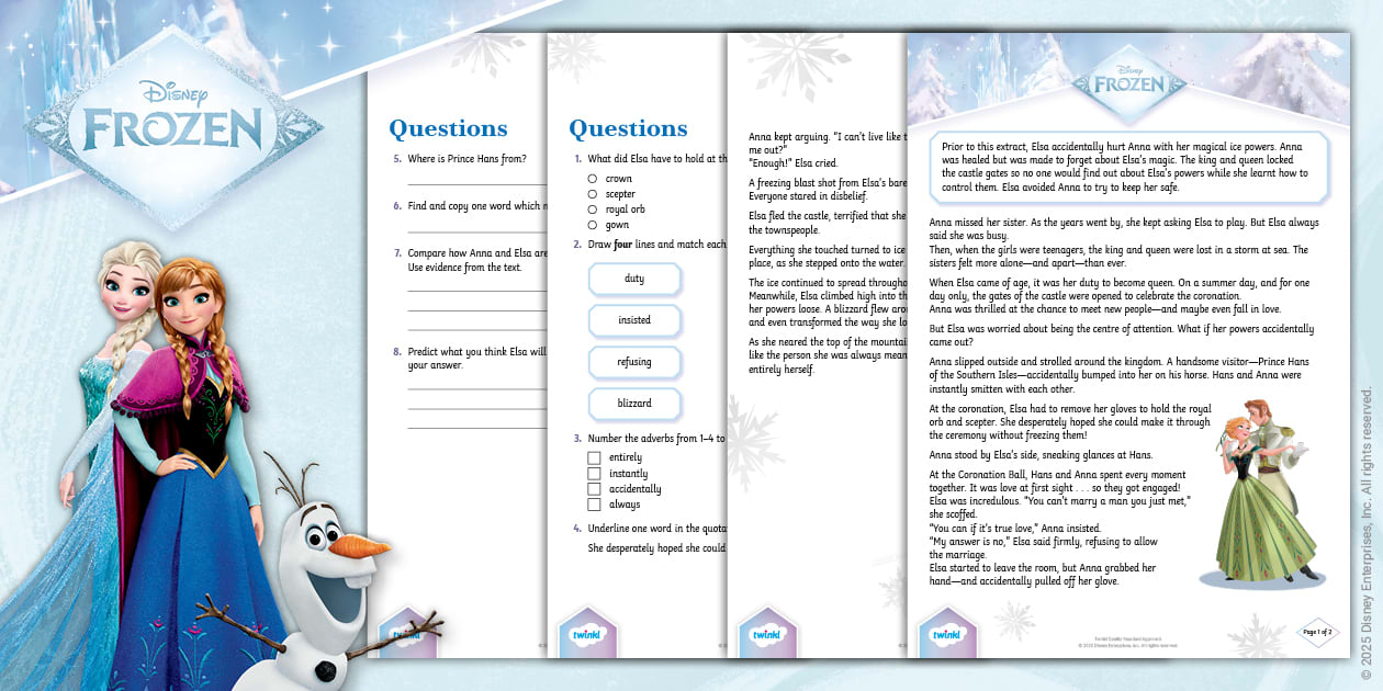 Frozen: Reading Comprehension [Ages 7-9] (teacher made)