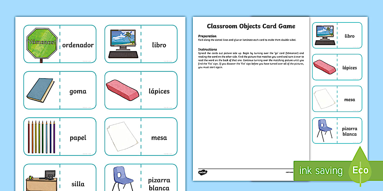 Classroom Objects Card Game English/Spanish (teacher made)
