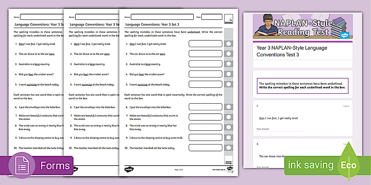 NAPLAN Style Misspelt Language Conventions Set Three Year 3 Exam Questions