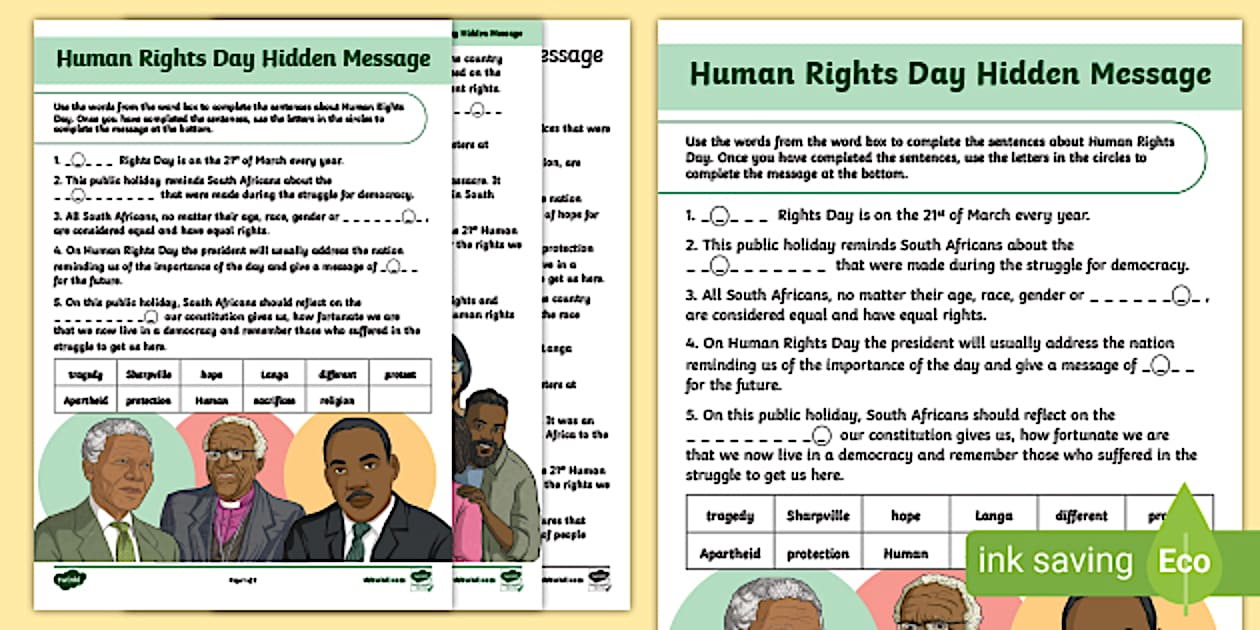 Human Rights Day Facts and Hidden Message Worksheet - Twinkl