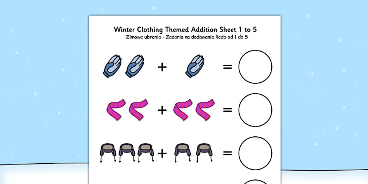Winter Clothing Themed Addition Sheet 1-5 Polish Translation