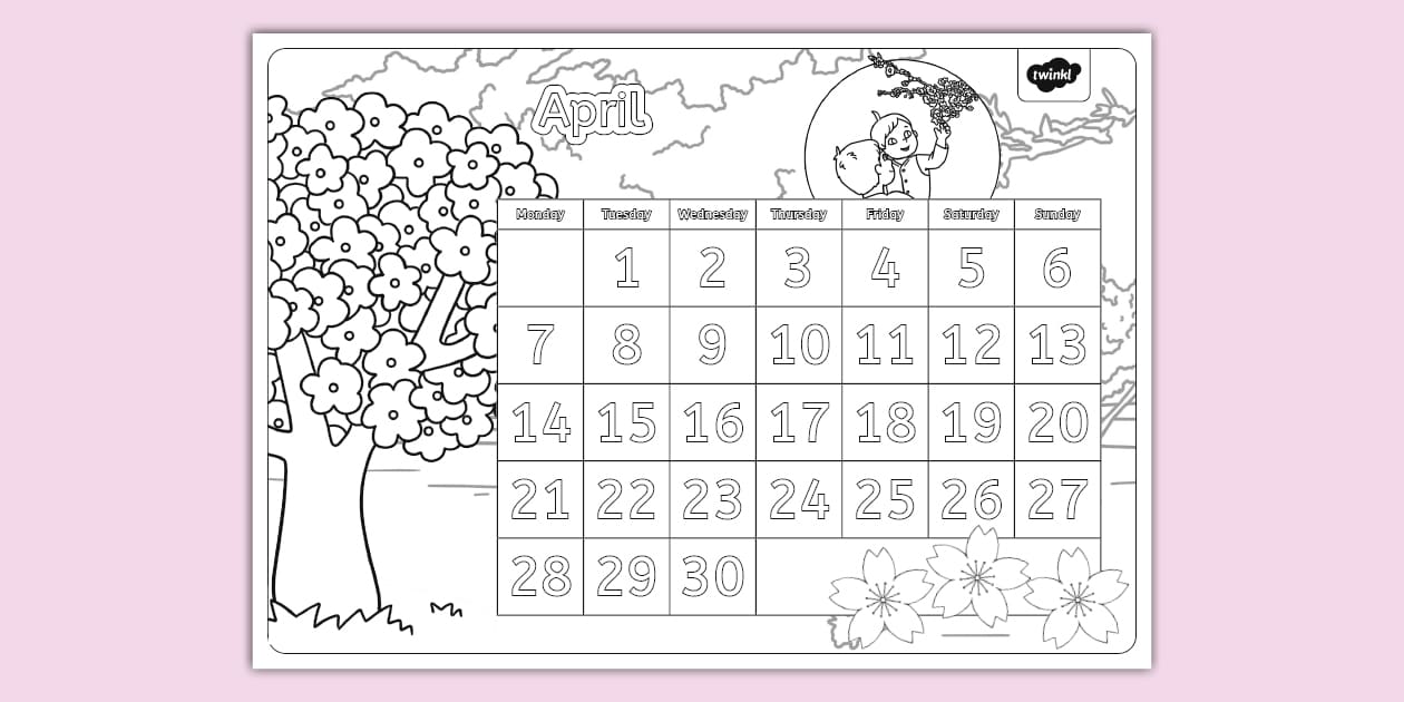 April Sakura Coloring Calendar Activity - Twinkl
