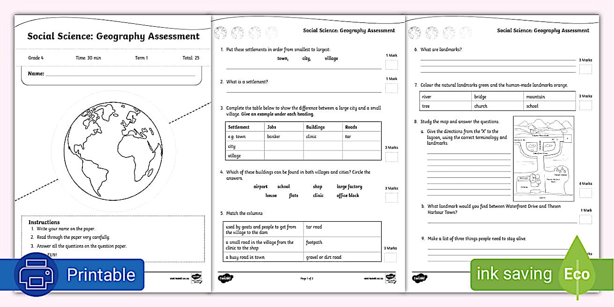 FREE! - Grade 4 Social Science - Geography - Term 1 - Geography Assessment