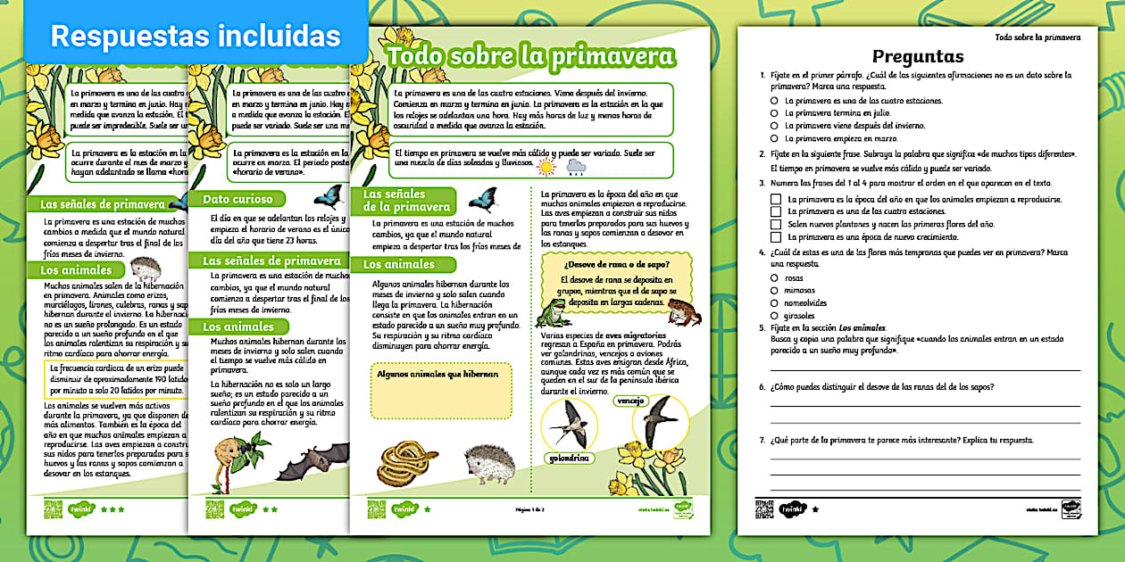 Comprensión lectora por niveles: Todo sobre la primavera