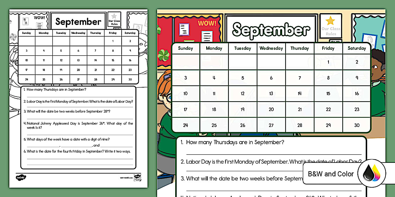 September Reading a Calendar Activity for K-2nd Grade