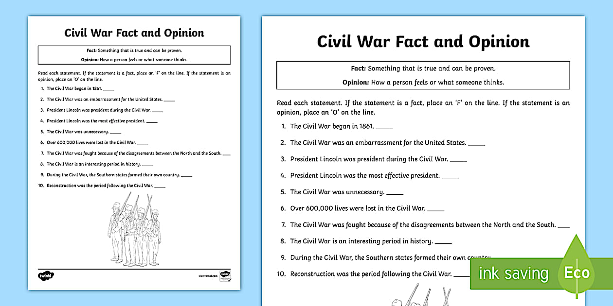 Civil War Fact or Opinion Worksheet for 4th-5th Grade