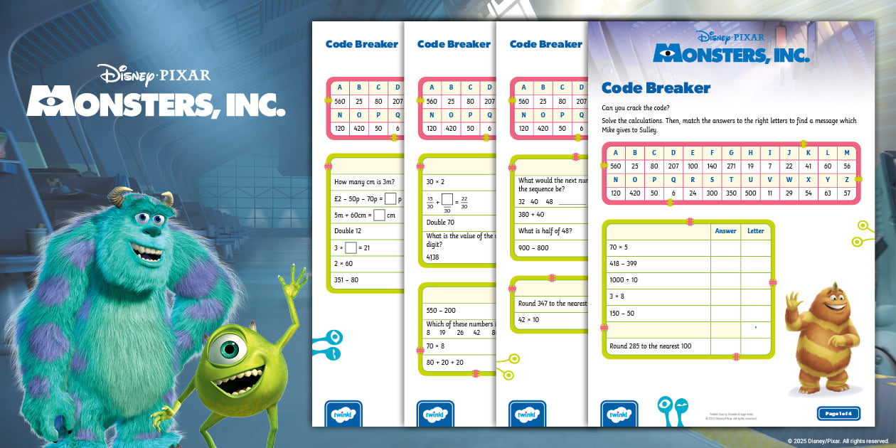 👉 Monsters, Inc.: Maths Code Breaker Activity [Ages 7-9]