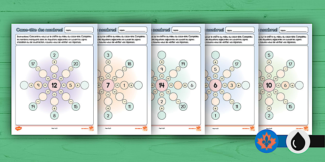 Adding and Subtracting up to 20 Puzzle Worksheets French