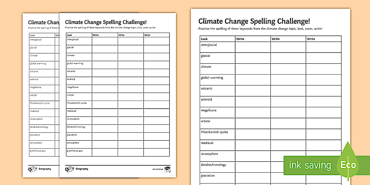 Global Warming Quiz Worksheet - Spelling Challenge - Twinkl