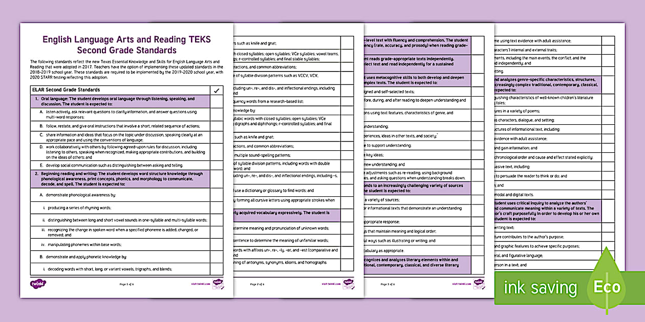 English Language Arts and Reading TEKS Second Grade Standards Checklist