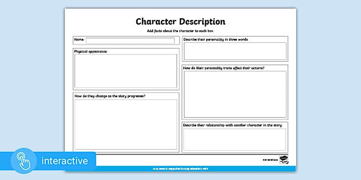 Interactive PDF: Character Description Worksheet - Twinkl