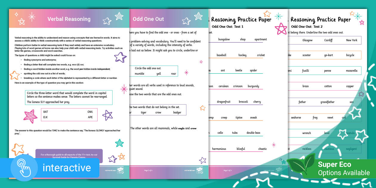 11+ Verbal Reasoning Practice Paper: Odd One Out - Twinkl