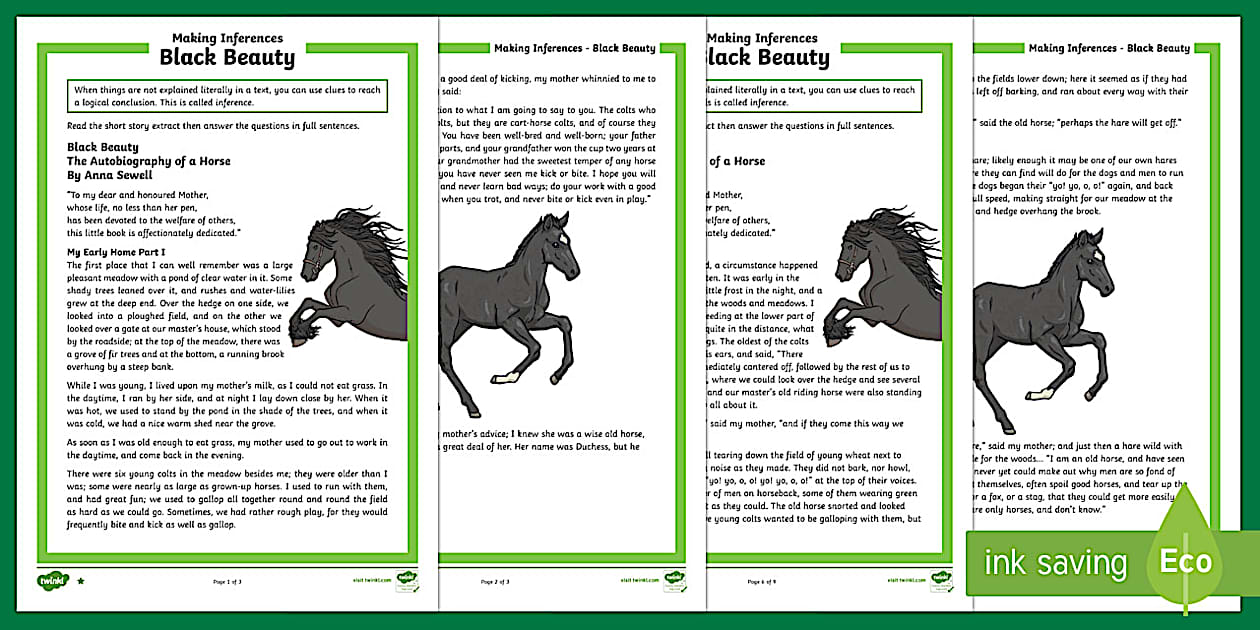 Middle Ability Black Beauty Mother's Day Inference Worksheet