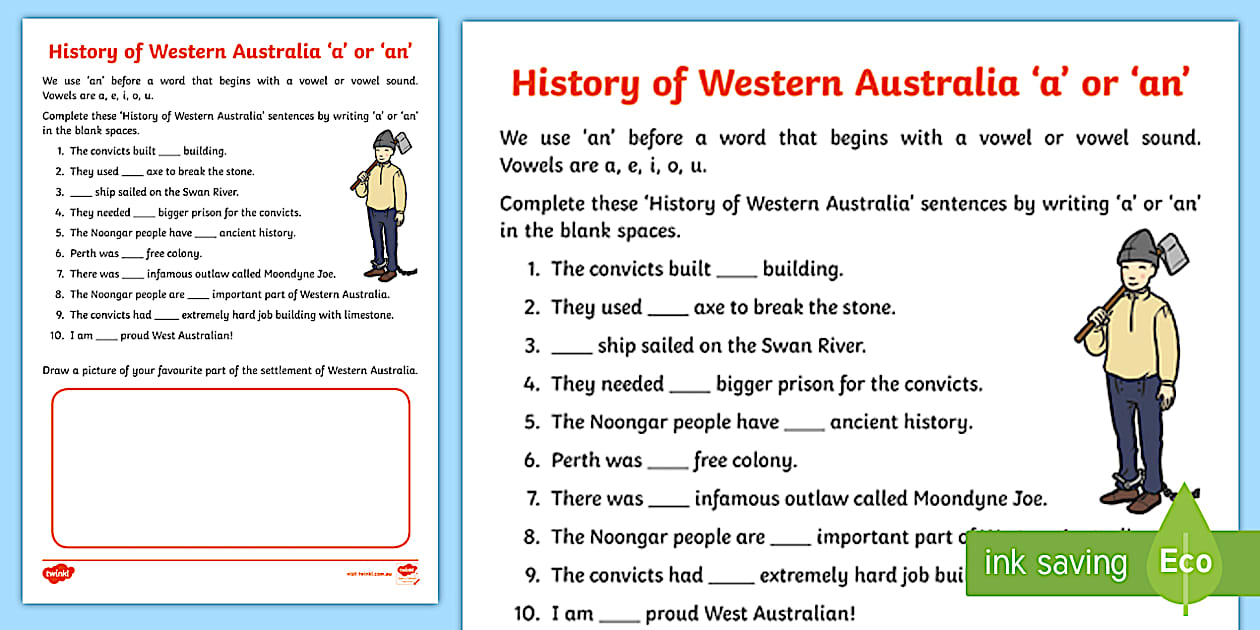 History of Western Australia 'a' or 'an' Worksheet - Twinkl