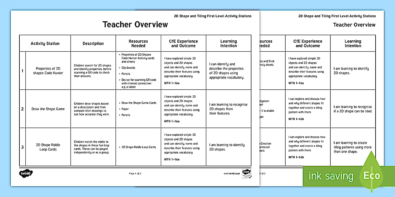 Editable 2D Shape and Tiling First Level Activity Station Teacher Overview