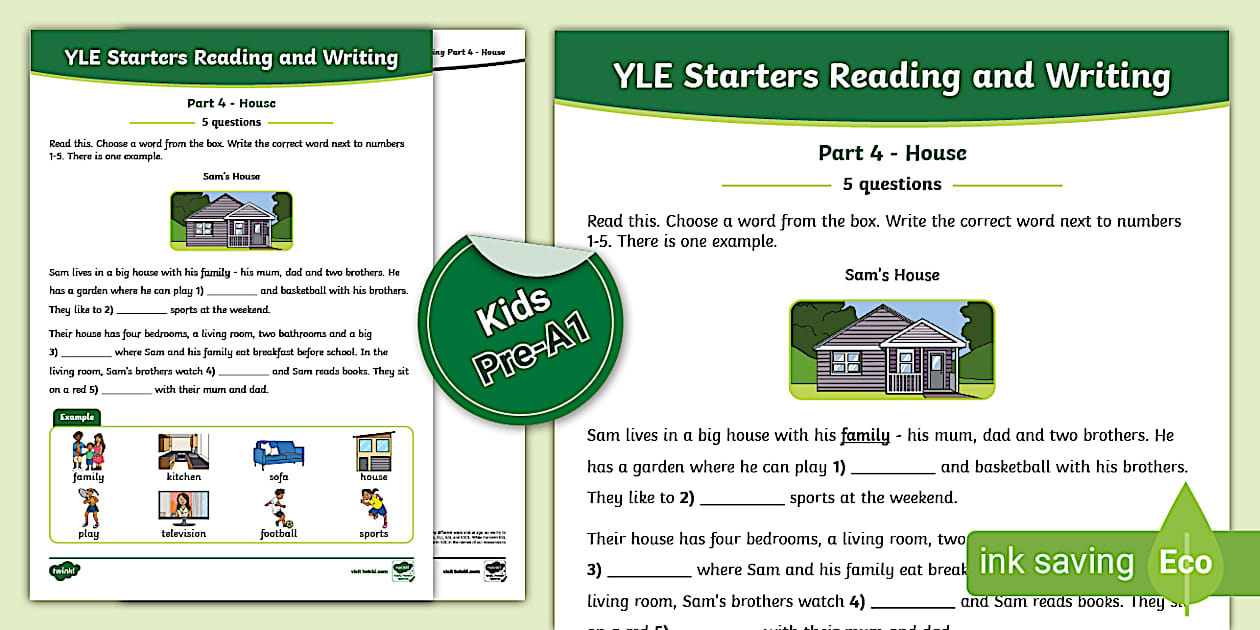 ESL Starters Reading and Writing Part 4 Activity Sheet (House) [Kids ...