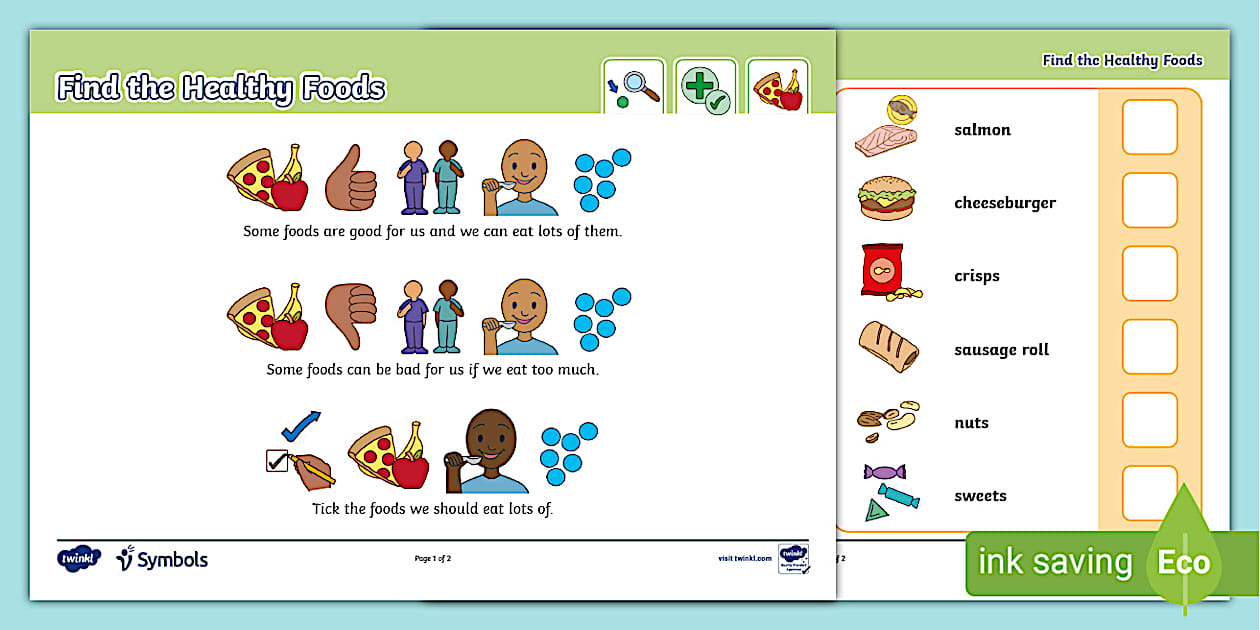 Twinkl Symbols: Find the Healthy Foods Worksheet - Twinkl