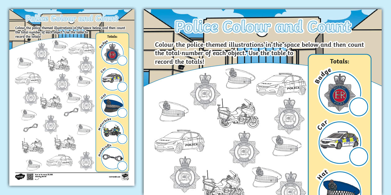 👉 Police Colour and Count Worksheet - Twinkl