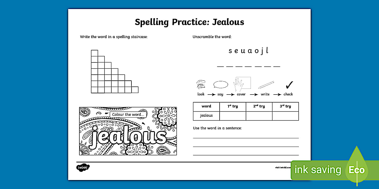 Jealous Spelling Practice Worksheet (teacher made) - Twinkl
