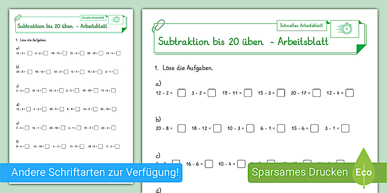 Subtraktion bis 20 üben - Arbeitsblatt - Twinkl
