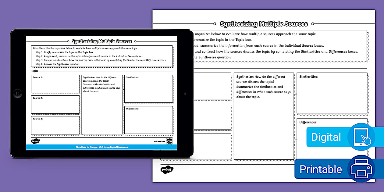 Synthesizing Multiple Sources Organizer for 6th-8th Grade
