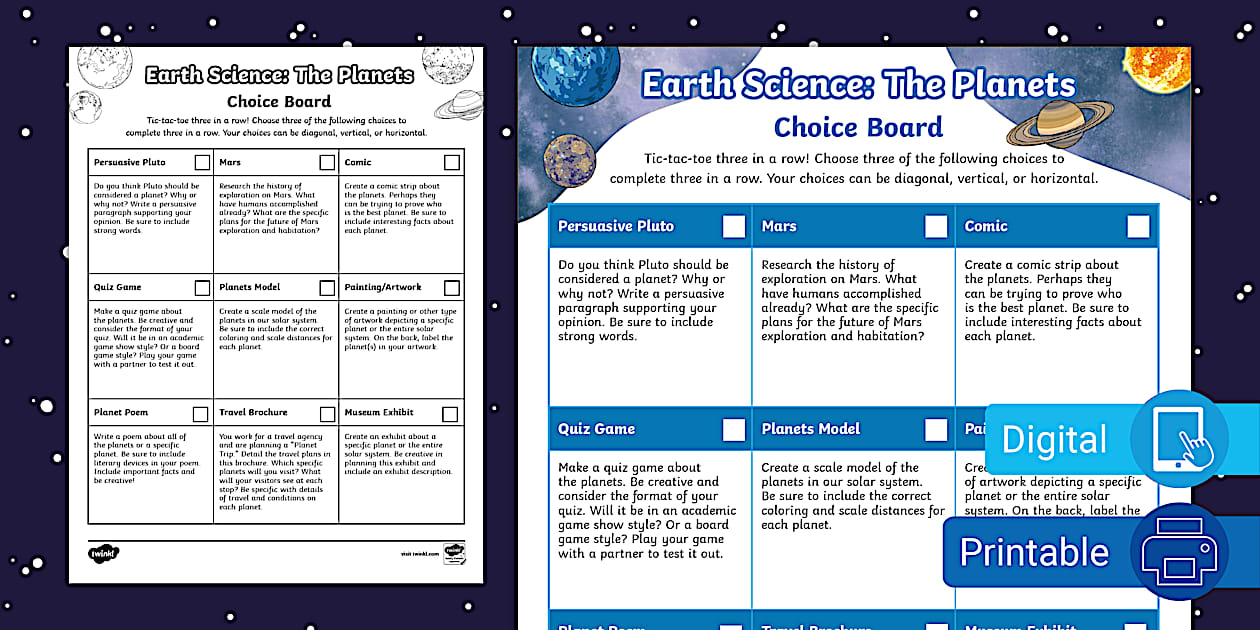 Earth Science: The Planets Choice Board - Twinkl
