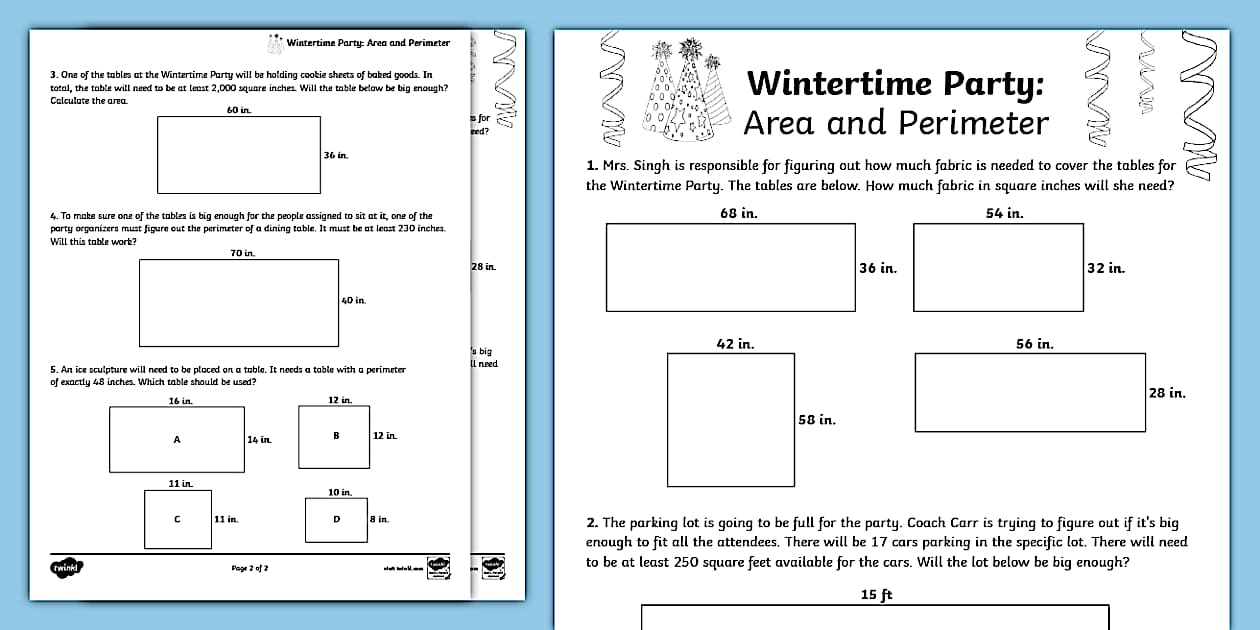 Fourth Grade Wintertime Party: Area and Perimeter Real-World Applications