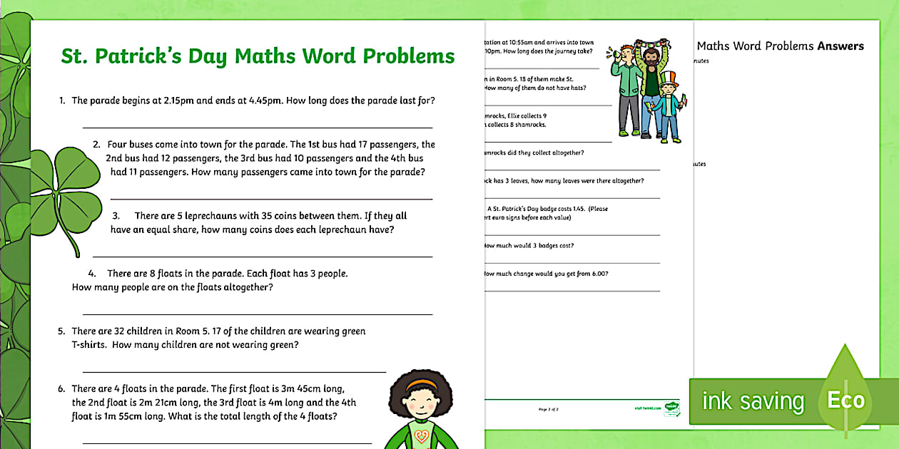 Black and White ROI St. Patrick's Day Maths Word Problems Worksheet